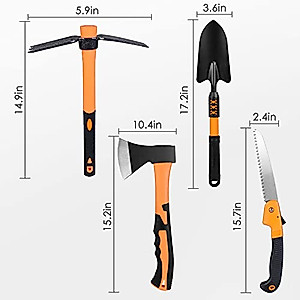 4 Piece Garden Tool Set A Hand Trowel, Transplanter, A Hoe and Cultivator Combo, Folding Saw Ergonomically Shaped Fiberglass Handle Design Shock-Absorbing Non-Slip Ideal for Campers, Hikers