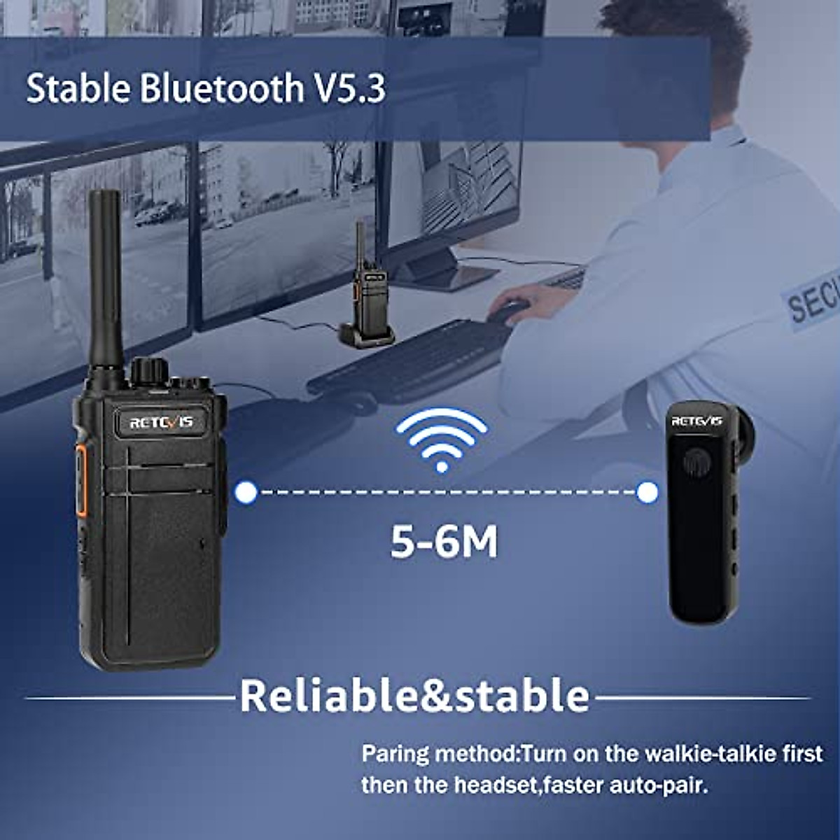 Retevis RB37 New Version,Bluetooth Walkie Talkies,2 Way Radio with Earpiece,VOX,2000mAh,USB-C,Wireless Walkie Talkie for Manufacture (4 Pack)
