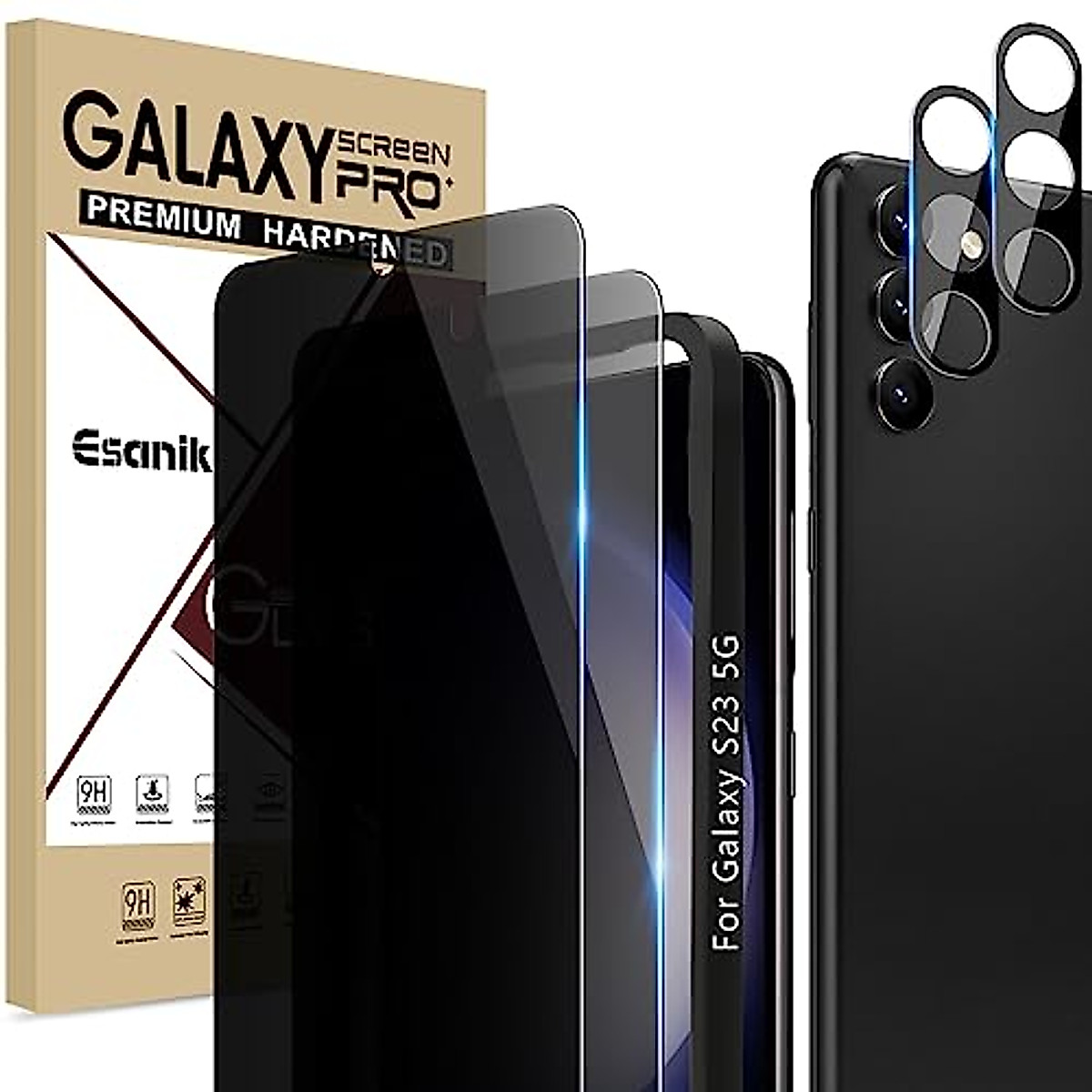 Esanik [2+2 Pack Privacy Screen Protector for Samsung Galaxy S23 5G 6.1-inch Anti Spy PET Film with Easy Installation Frame + Tempered Glass Camera Lens Protector Fingerprint ID Compatible