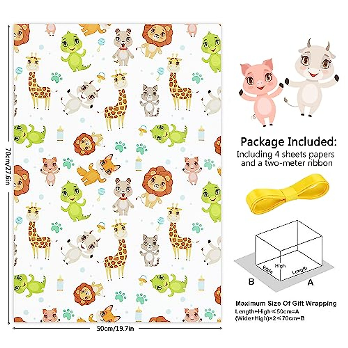 Animals Jungle Wrapping Paper for Baby Infant Boys Girls, Forest Giraffe Lion Dinosaur Pig Fox Feeder Gift Wrapping Paper Sheet with Ribbon for Baby Shower Birthday Kindergarten Newborn Children Kids