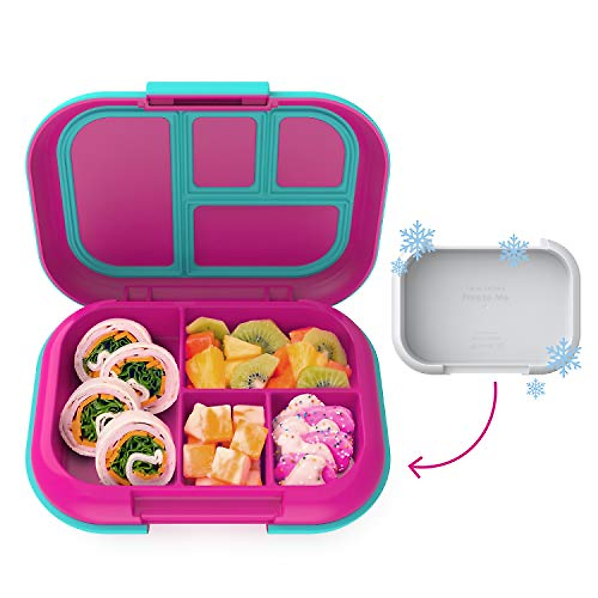 Bentgo® Kids Chill Lunch Box - Leak-Proof Bento Box with Removable Ice Pack & 4 Compartments for On-the-Go Meals - Microwave & Dishwasher Safe, Patented Design, & 2-Year Warranty (Fuchsia/Teal)