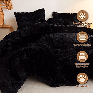 MEGO Luxury Shaggy Plush Duvet Cover Set, Ultra Soft 3 Pieces Fluffy Faux Fur Comforter Cover Set, Fuzzy Bedding Set(1 Furry Duvet Cover + 2 Pillow Shams), Zipper Closure(Queen, Black)