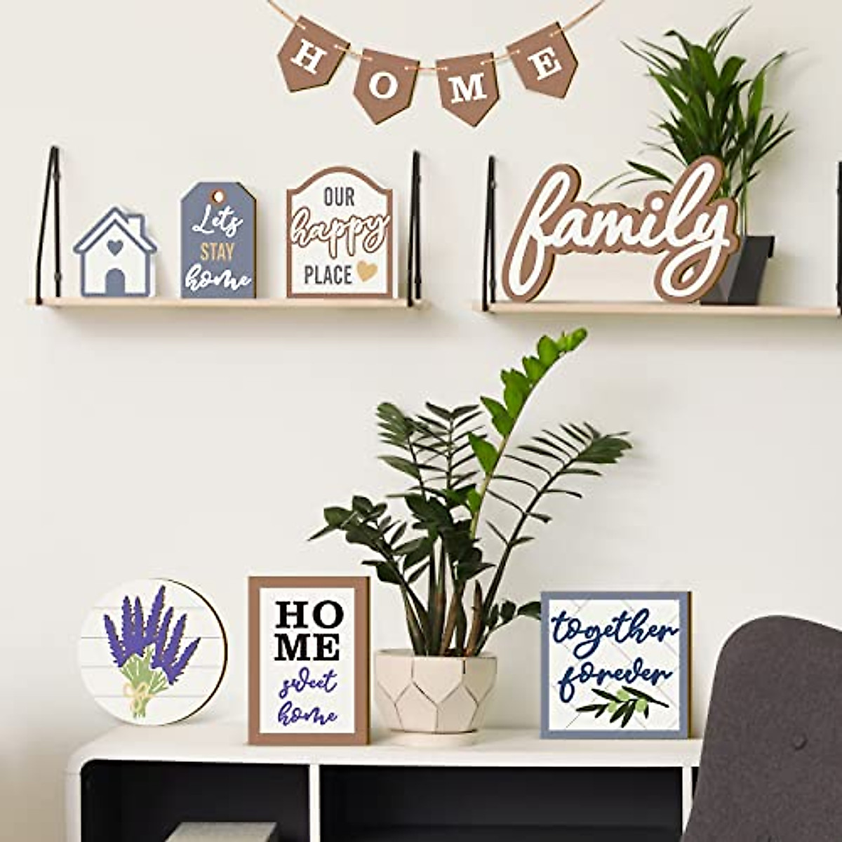 11 Pieces Home Family Tiered Tray Decor Set Wooden Shelf Tier Tray Sign Home Farmhouse Rustic Layered Pallets Decorations Wood Tiered Tray for Home Indoor Decor (Family Style)