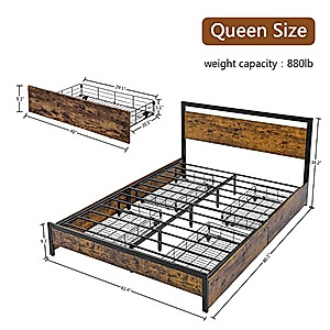 LAGRIMA Queen Size Bed Frame with 4 Drawers, Metal Platform Storage Wooden Headboard & Large Space, Mattress Foundation Slat Support, No Box Spring Needed, Easy Assembly, Rustic Brown, (BT-832)