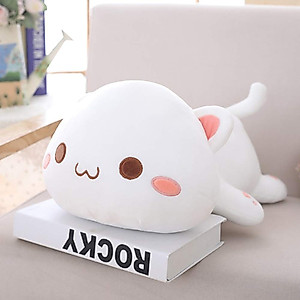 Jensquaify Cat Stuffed Animals, Soft Cat Plush Pillow Kawaii Kitten Stuffed Animal Toy Gifts for Kids (White Round Eyes, 13.7")