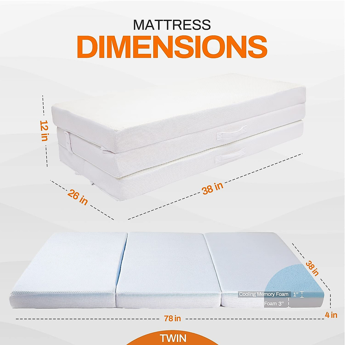 Cheer Collection Tri-Fold Memory Foam Mattress - 4" Thick Gel Infused Foam Folding Bed for Guests, Twin Size - 38" x 78"