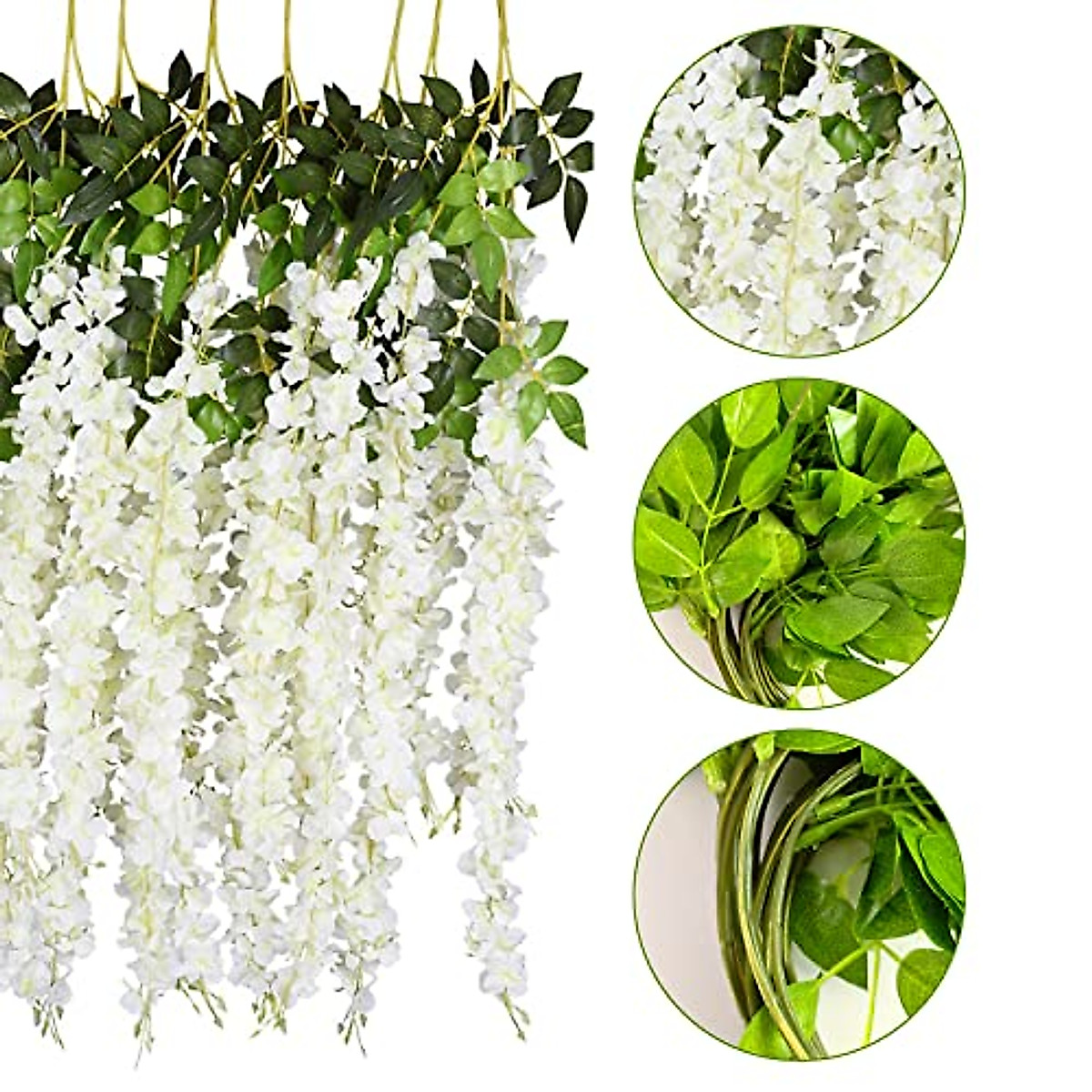 GOOCHOO 12 Pack 3.6 Feet Artificial Fake Wisteria Vine Ratta Hanging Garland Silk Flowers String Party Home Wedding Decor, (White)
