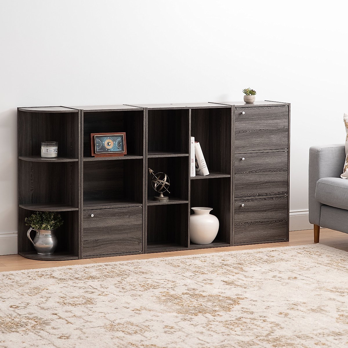 IRIS USA Bookshelf for Small Spaces 3-Tier Corner Curved Shelf Organizer, Grey