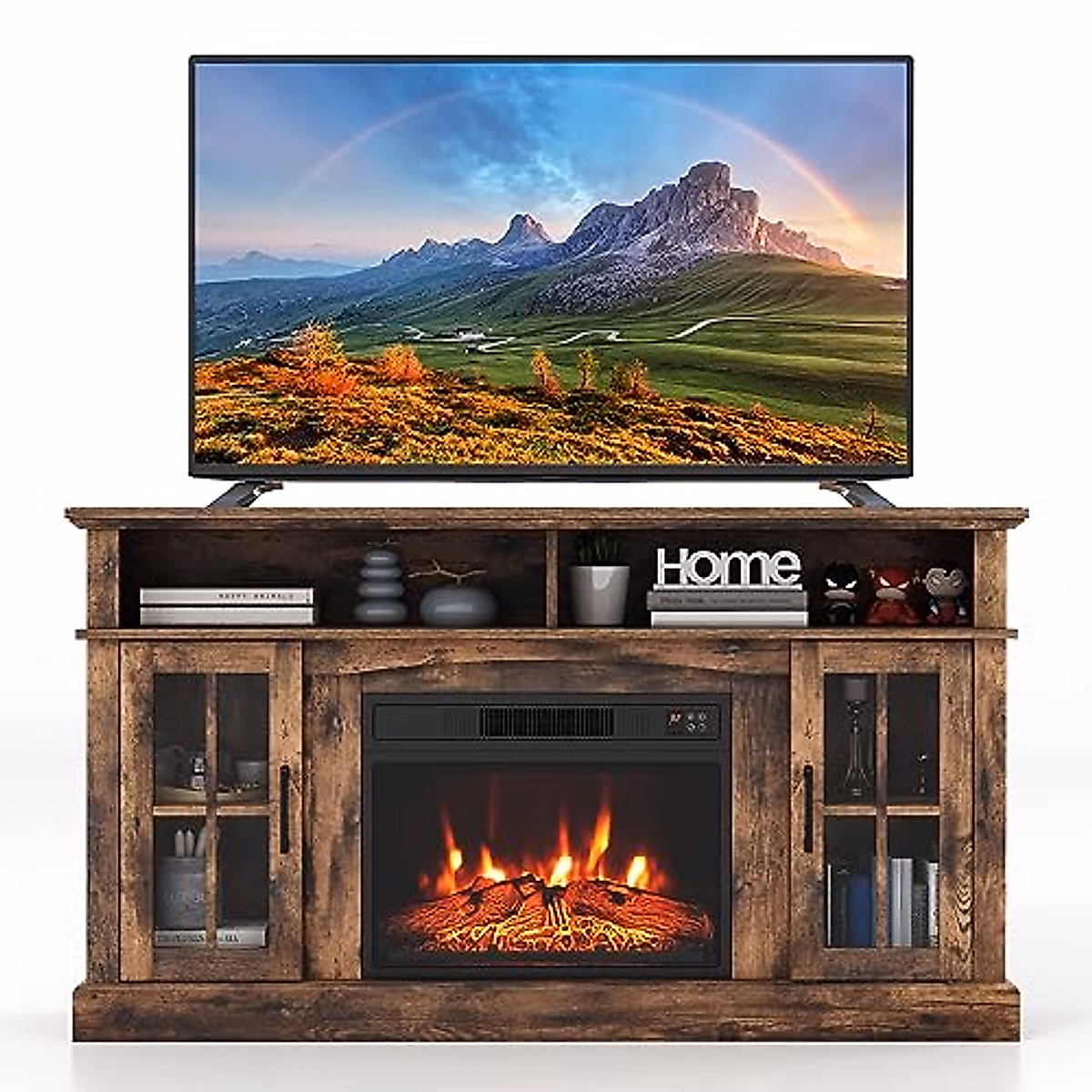 COSTWAY Electric Fireplace TV Stand for TVs Up to 65 Inches, 1400W Heater Insert with Remote Control, 6H Timer, 3-Level Flame, Overheat Protection and CSA Certification, Adjustable Shelves, Brown