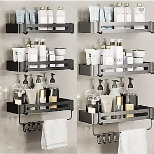 Shower Caddy - No-Drill Aluminum Bathroom & Home Decor Shelf, Wall Mounted Dual Corner Shelf with Hooks - Rustproof Stainless Steel In Matte Black Finish - Adhesive Bathroom Shower Caddy.