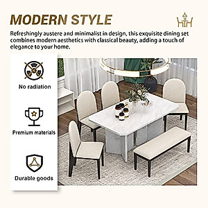 Goozio 6-Piece Dining Table Set, Modern Style Kitchen Dining Table Set with Faux Marble Table and 4 Upholstered Dining Chairs & 1 Bench, Dining Room Set for 6 Persons,White