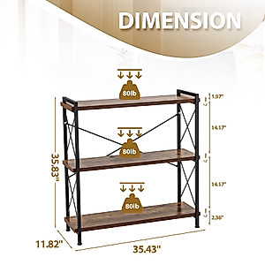 NICECOZY 3 Tier Bookshelf, Open 3 Shelf Short Bookcase, Rustic Shelves with Metal Frame, Industrial Book Shelf for Bedroom Home Office Living Room, Rustic Brown