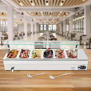 MuChaIOAK Food Warmer 6 Pan, Food Grade Stainelss Steel Food Steam Table, 201 Stainless Steel Countertop Food Warmer with Tempered Glass Shield 110V 1.2KW