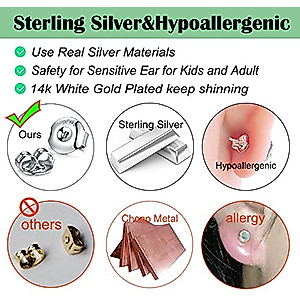 Catinee 16PCS 925 Sterling Silver Earring Backs,14k White Gold Plated Earring Backs for Studs,Hypoallergenic Secure Earring Backings for Locking Stud Earrings