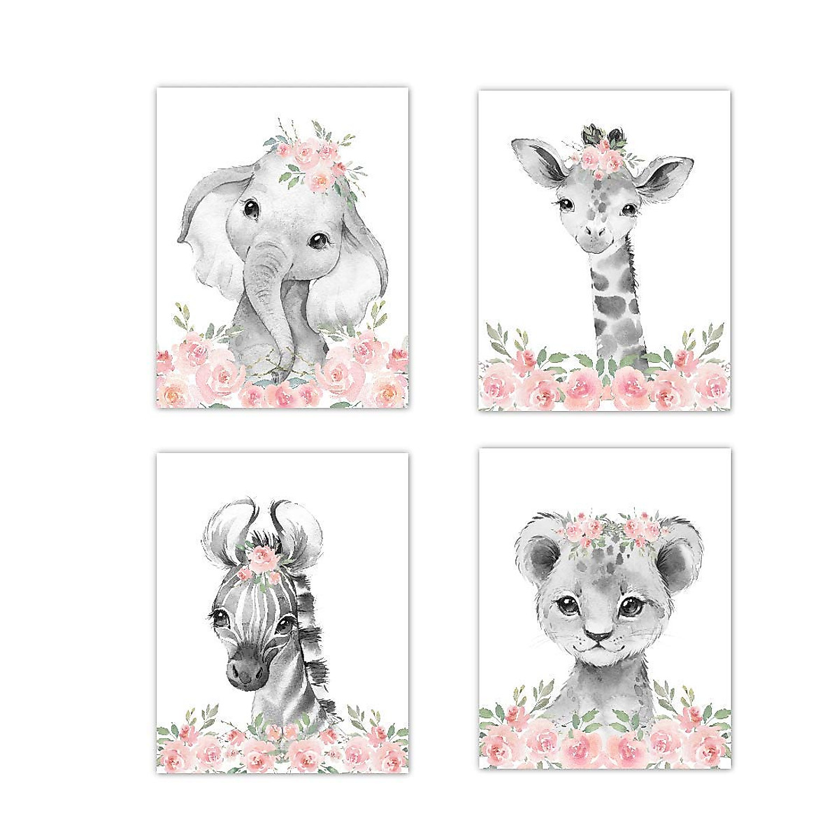 Baby Girl Nursery Wall Art Blush Floral Crown Safari Animals Elephant Giraffe Lion Zebra Decor 4 UNFRAMED PRINTS