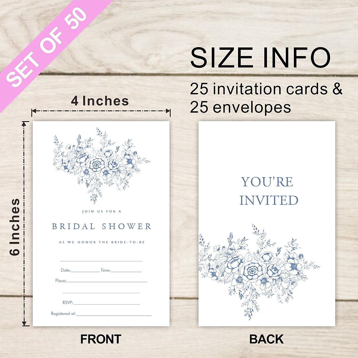 Tabyon Blue Floral Bridal Shower Invitation Cards With Envelopes, Minimalism Fill In Style Invitations For New Couples, Mr And Mrs, Newlyweds Invites, Party Favor & Supplies(25 Pcs) - A03