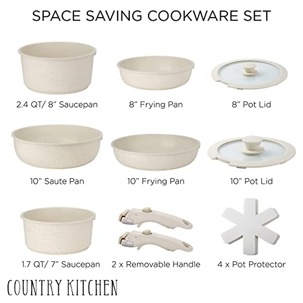 Country Kitchen 13 Piece Pots and Pans Set - Safe Nonstick Kitchen Cookware with Removable Handle, RV Cookware Set, Oven Safe (Cream)