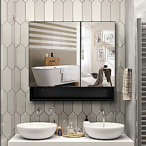 HESONTH Farmhouse Black Metal Framed Surface Mounted Bathroom Medicine Cabinet with Mirror Rectangle Vanity Mirros Cabinet for Wall with Double Doors
