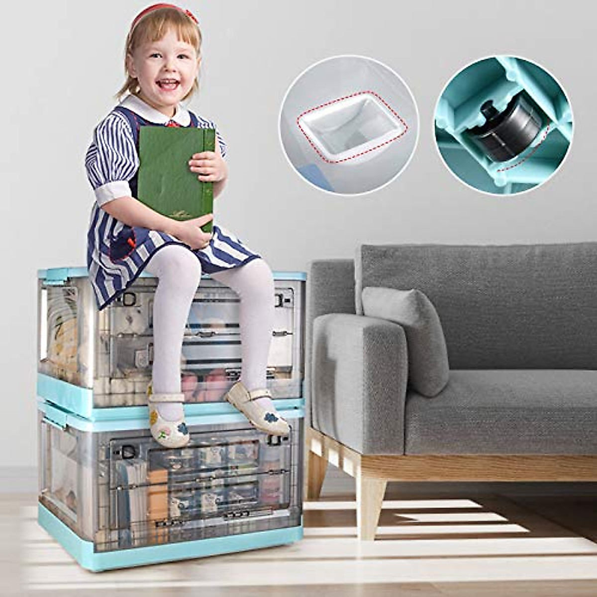 Clear Storage Bins with Lids, Plastic Collapsible Storage Cube with Double Door, Large Stackable Folding Crates for Home and Office, 52 Liters 1 Count…