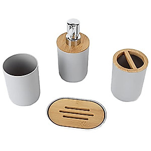 Garosa 4Pcs Bathroom Accessory Set Bamboo Waterproof Plastic Toothbrush Cup Lotion Dispenser Soap Box Tooth Mug for Home Hotel Gift (Grey)