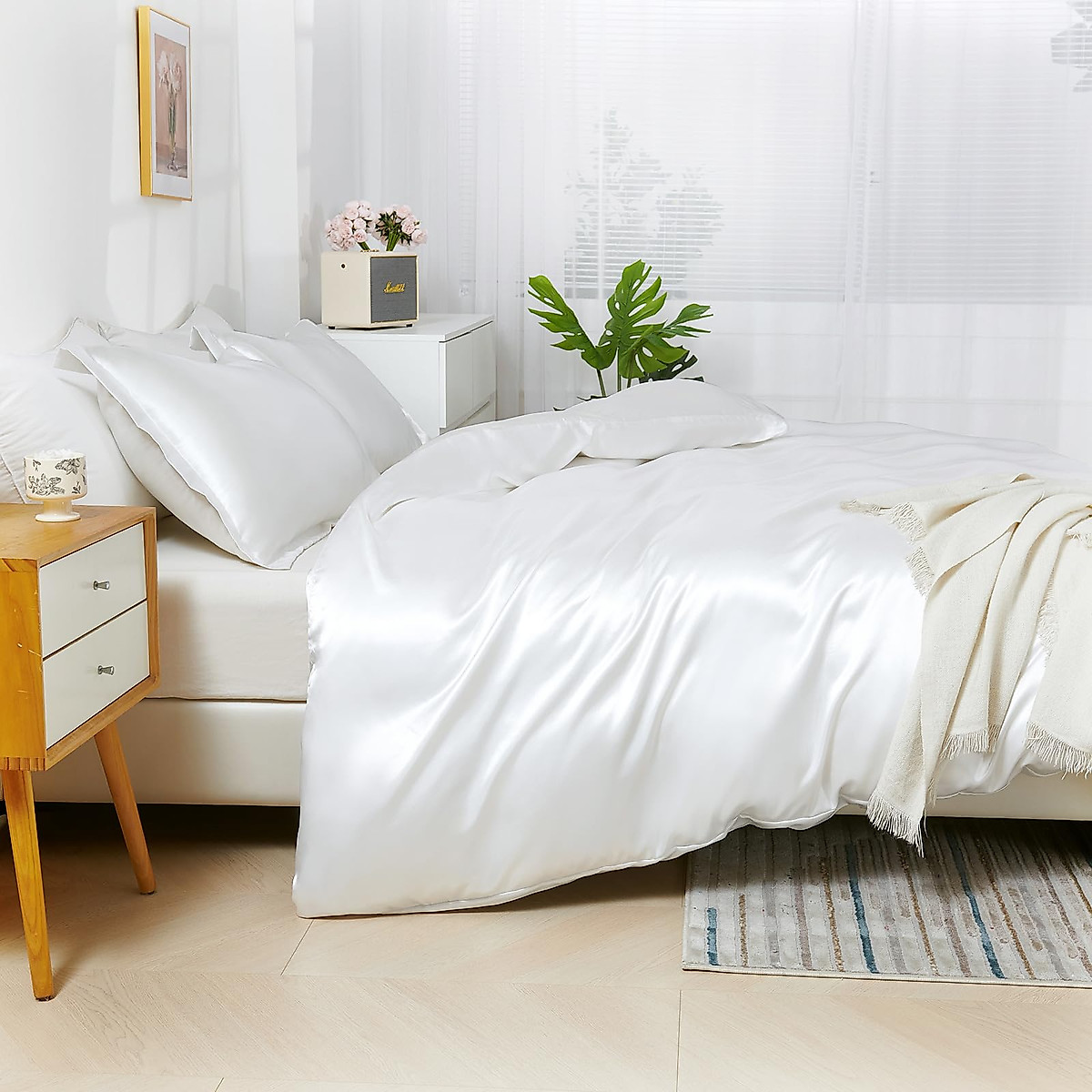 HOdo Home Satin Duvet Cover Queen Size, 3 Piece Silk Like Comforter Cover, Ultra Soft and Breathable Bedding Set with Zipper Closure & Corner Ties