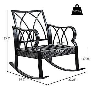 Outsunny Outdoor Wicker Rocking Chair with Padded Cushions, Aluminum Furniture Rattan Porch Rocker Chair w/Armrest for Garden, Patio, and Backyard, Blue
