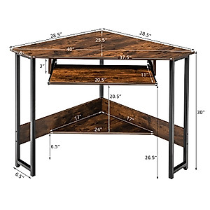 MEDIMALL Triangle Computer Desk, Small Corner Writing Table with Power Outlets, Keyboard Tray & Storage Shelf, Strong Metal Frame, Home Office Workstation Gaming Desk for Small Spaces, Rustic Brown