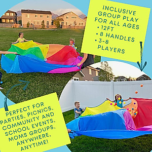 Little Dynamo Parachute Toys for Kids with 8 Handles 12ft - Gym Class Rainbow Color Parachute for Cooperative Group Play - Waterproof and Reinforced Stitching