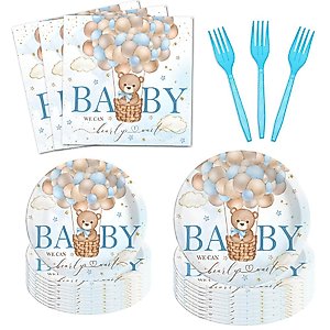 Fitumiw 96Pcs Blue Bear Baby Shower Party Tableware Supplies Bear Plates and Napkins We Can Bearly Wait Party Set Baby Shower Party Decorations for Boy Serve 24 Guests
