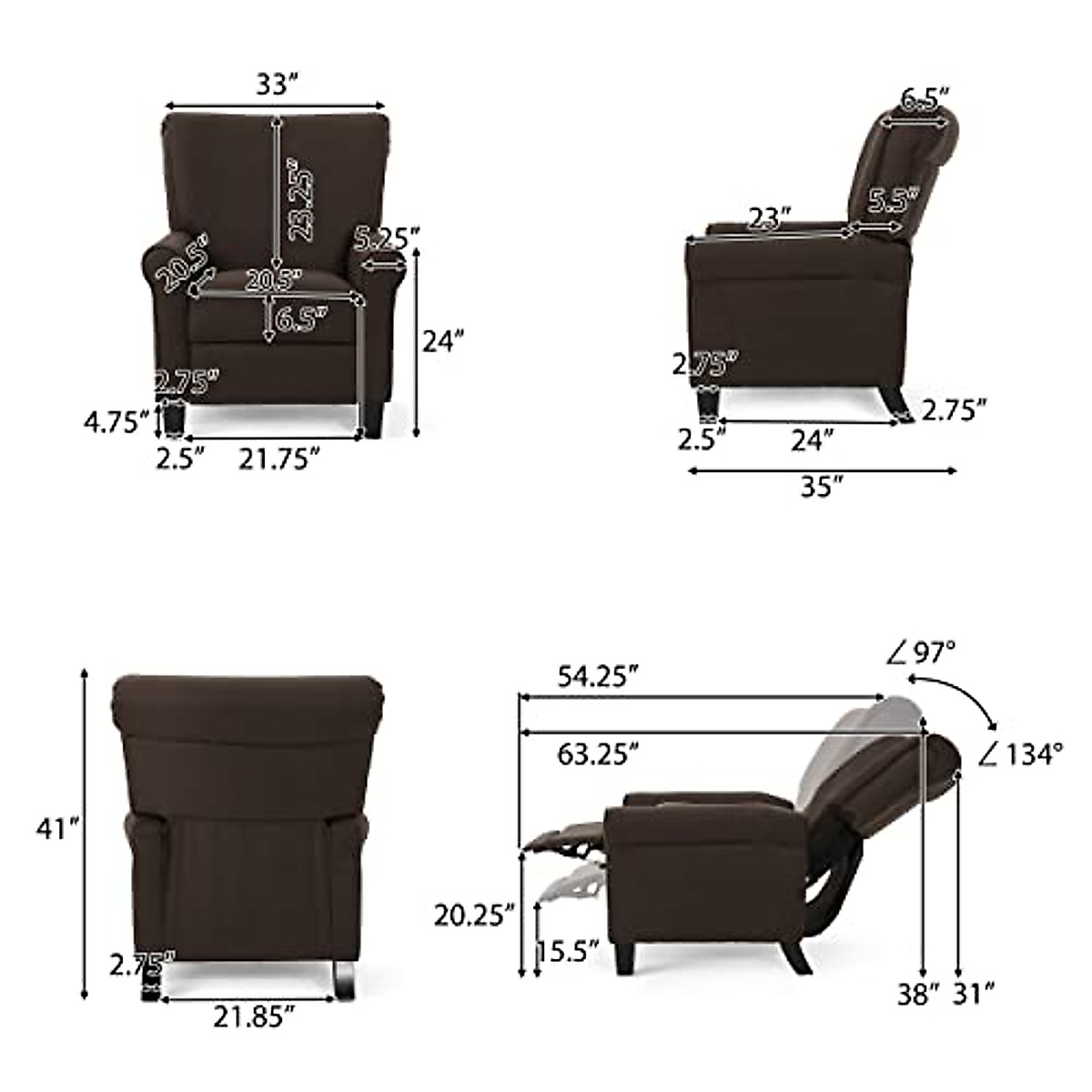 GDFStudio Thelma Traditional Fabric Recliner (Coffee)