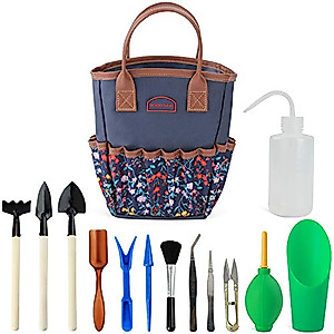G GOOD GAIN Garden Succulent Kit with Organizer Bag, Indoor Mini Hand Gardening Tool Set, 14 Pieces Tools for Bonsai Planter Miniature Fairy Planting Care.(Blue)