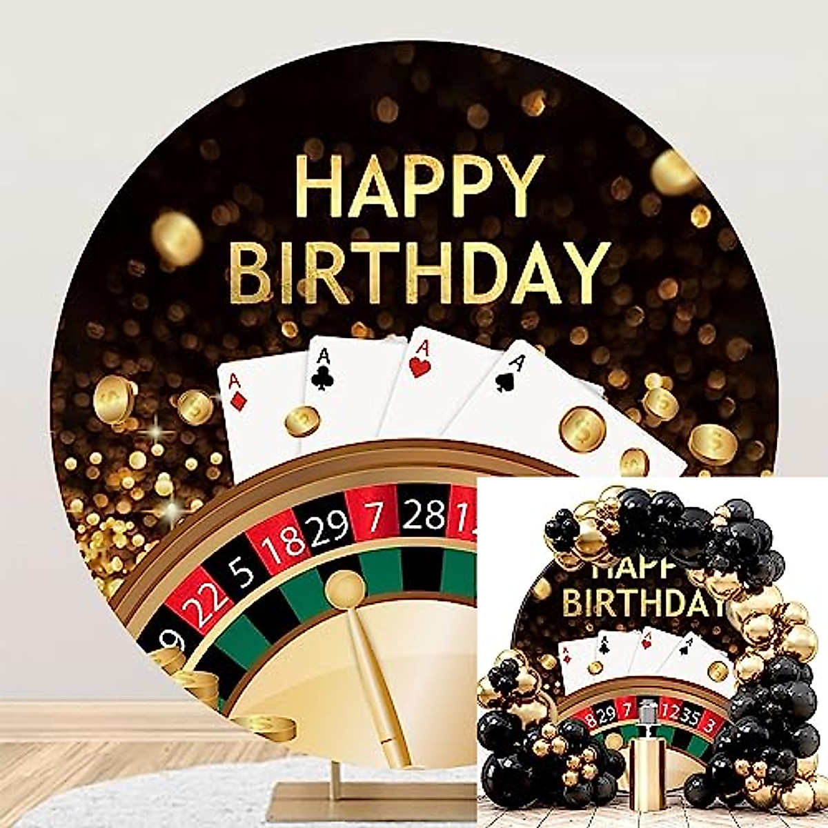 AWERT Polyester Diameter 6.5ft Happy Birthday Round Backdrop Las Vegas Casino Night Themed Dice Poker Chips Gold Coins Photography Background Men Boys Birthday Party Theme Party Decoration Supplies