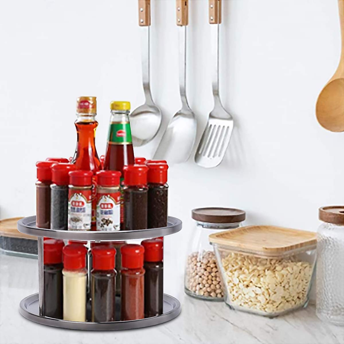 2 Tier Lazy Susan Turntable Organizer,Stainless Steel 360 Degree Turntable Pantry cabinet Turning Table Spice Rack Organizer Tray for Kitchen Bathroom Bedroom Parlor