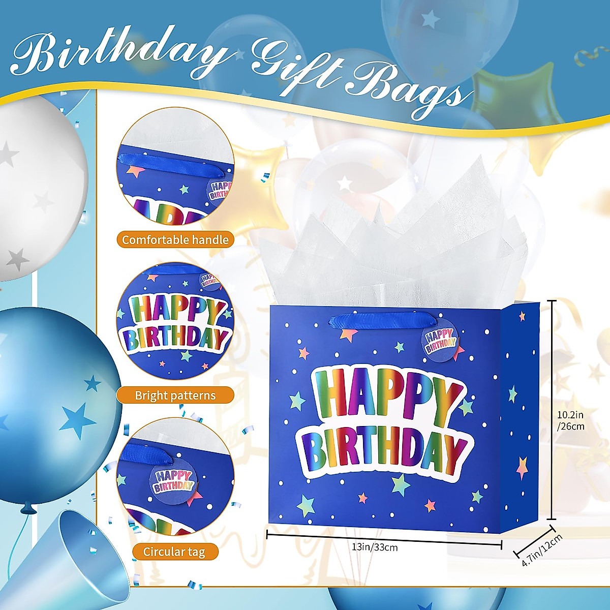 Usmilegift 13" Large Blue Birthday Gift Bag with Card and Tissue Paper, Reusable Gift Wrap Bag for Birthday, Party, Heartfelt Design with Handles(Colorful Happy Birthday)