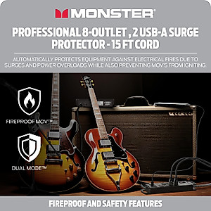 Monster Pro MI Professional Surge Protector Power Strip with Fireproof MOV Technology for Computers, Amplifiers, Pedal Boards, and Pro Audio Gear - 1960 Joule, 15 ft Cord, 8 Outlet, 2 USB