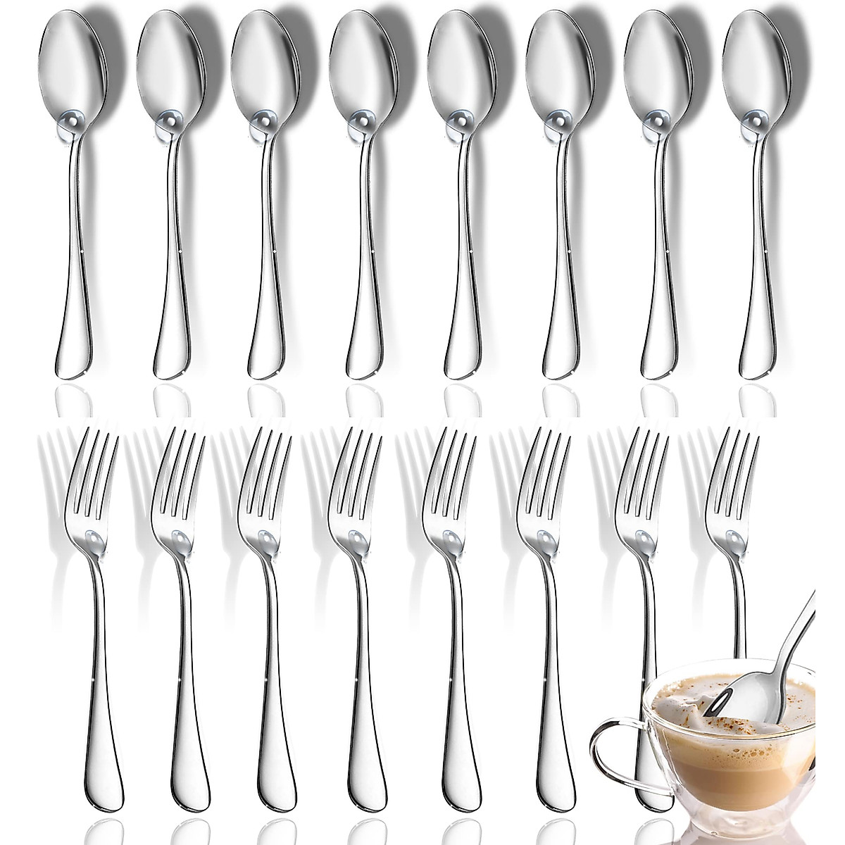 Small Spoons and Forks Set, Set of 16 Top Food Grade Stainless Steel Forks and Spoons Silverware Set, kitchen utensil Dessert Salad Forks (6.7 Inch) and Coffee Dessert Spoons (5.35 Inch) Cutlery Set