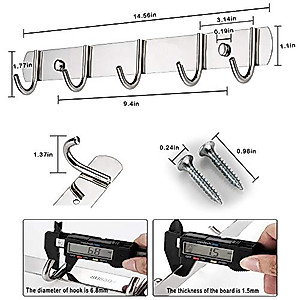 COCIVIVRE Coat Rack Wall Mounted No Drill 5 Hanging Hook Heavy Duty 304 Stainless Steel Hook Rack Brushed Finish Waterproof for Bedroom, Bathroom,Entryway Storage Set of 2 (15in)