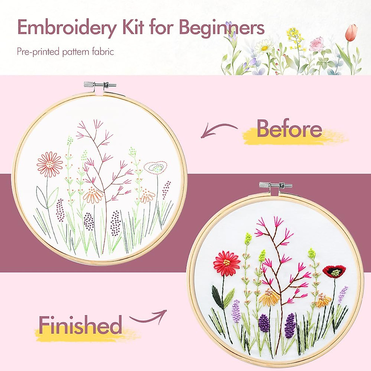 4 Pack Embroidery Kit for Beginners,Adults DIY Starter Kit,Cross Stitching Kits with Flower Stamped Patterns,Hoop,Tools,Colorful Threads with Needles,Step by Step Instructions,Hand Craft Lover Gift