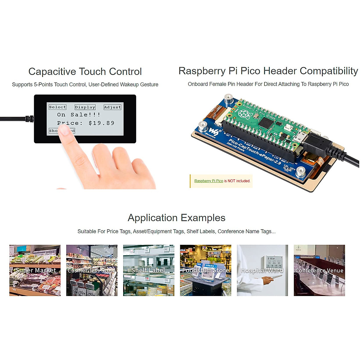 waveshare 2.9inch Capacitive Touch e-Paper Module for Raspberry Pi Pico, 296×128 Pixels, Black/White Two-Color, SPI / I2C Interface, Support Partial Refresh