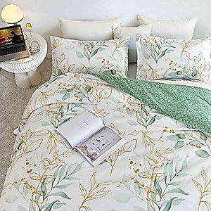Nanko Queen Size Comforter Set, Green Gold Floral Leaf Flower Print Pattern Down Alternative Comforter Microfiber Modern Bedding,All Season Duvet Bed Set in a Bag for Women Men, 3 Pcs,88 x 90 inch