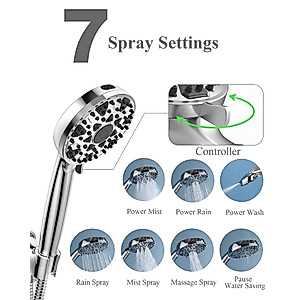 BOWGER Shower Head with Handheld High Pressure Multi-Function 7 modes, Built-in Power Wash to Clear Tub, Tile & Pets, 5” High Flow Hand Held Rain Showerhead with Extra Long Hose and Adjustable Bracket