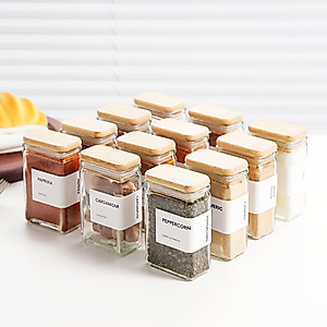 Glass Spice Jars with Labels - 4oz Glass Jars with Bamboo Lids, Square Spice Jars with Labels, Empty Spice Bottles for Seasoning Organizer, Spice Drawer Organizer and Kitchen Storage, 12 Pack, White