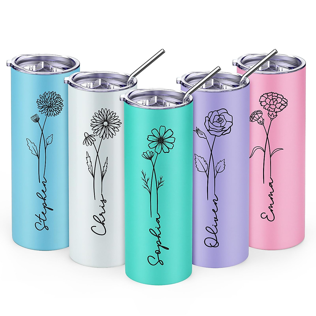 UNIGIFTIME Personalized Birth Flower Tumbler Cup with Name, Custom Skinny Tumbler with Lid and Straw 20oz Stainless Steel Coffee Tumbler Personalized Birthday Gifts and Mothers Day Gifts for Women