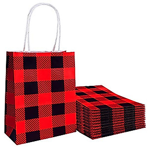 Cooraby 30 Pieces Mini Red and Black Plaid Bag Paper Party Kraft Christmas Bags with Handle for Birthday, Wedding, Party Celebrations
