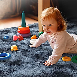 HOMORE Soft Fluffy Rug for Bedroom, Tie Dye Rugs for Living Room, Non Slip Shaggy Plush Carpet for Kids Nursery Toddler, 5x7 Feet Area Rugs for Room Floor, Blue Gray