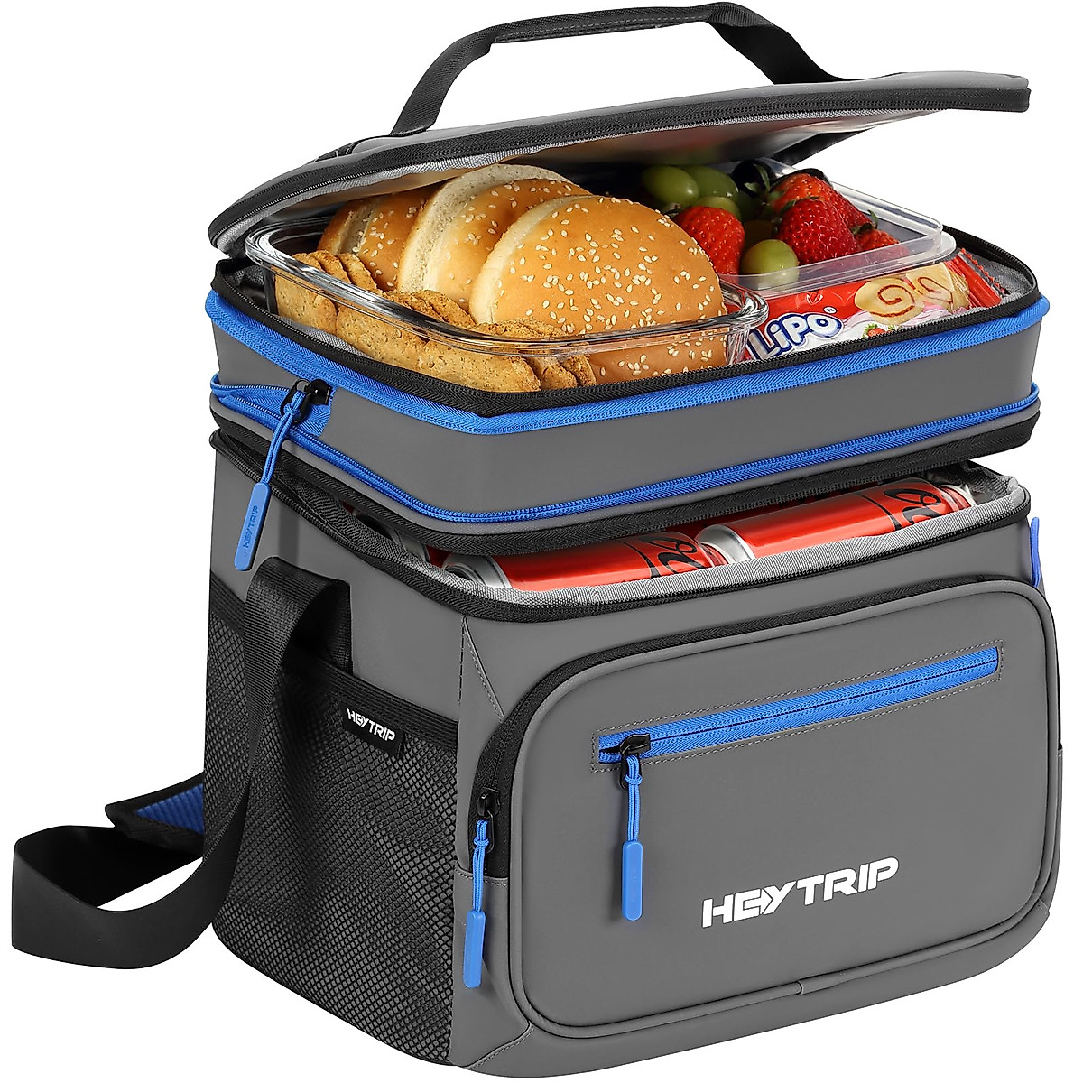 HEYTRIP Expandable Insulated Lunch Box 24 Can Double Deck Cooler Bags Leakproof Lunch Bag for Man Large Lunch Cooler for Camping Travel Picnic(Grey)