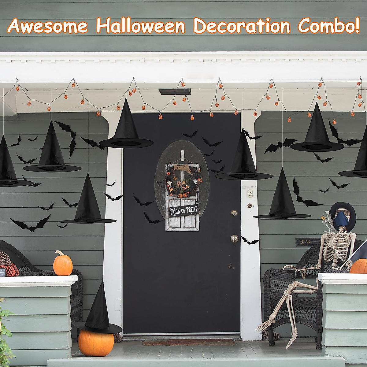 Elcoho 12 Halloween Black Witch Hats, Costume Accessories Caps, 32 3D Bat Wall Stickers for Yard Party