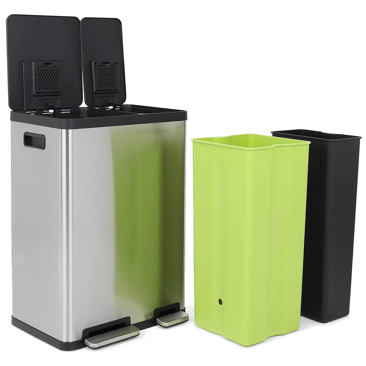 60 Liter / 16 Gallon Rectangular Hands-Free Dual Compartment Recycling Kitchen Step Trash Can with Soft-Close Lid, Brushed Stainless Steel (38L x 22L Capacity)