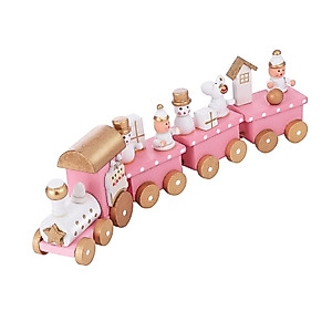 NUOBESTY Christmas Wooden Train Ornament with Snowman and Bear Mini Train Rail Toy Set for Kids Christmas Party Kindergarten Decoration, Pink