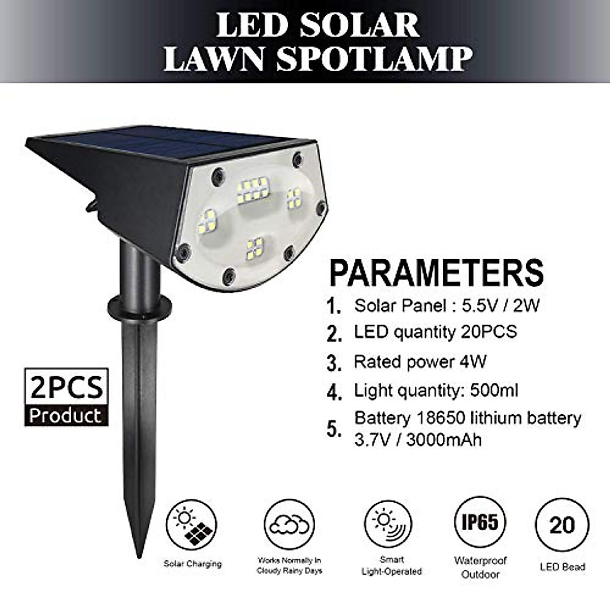 WBM Smart 20 LEDs Solar Landscape Spotlights, IP67 Waterproof, 2-in-1 Wireless Outdoor Security Lights for Yard Garden Driveway Porch Walkway Pool Patio, 4 Pack